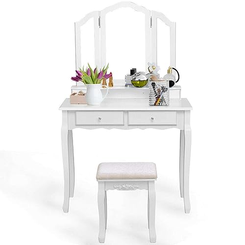 KJNS White Tri Folding Mirror Vanity Makeup Table Stool Set Desk with 4 Drawers Vanity Desk Makeup Vanity Side Tables Bedroom Vanity Table Portable Desk Vanity Set