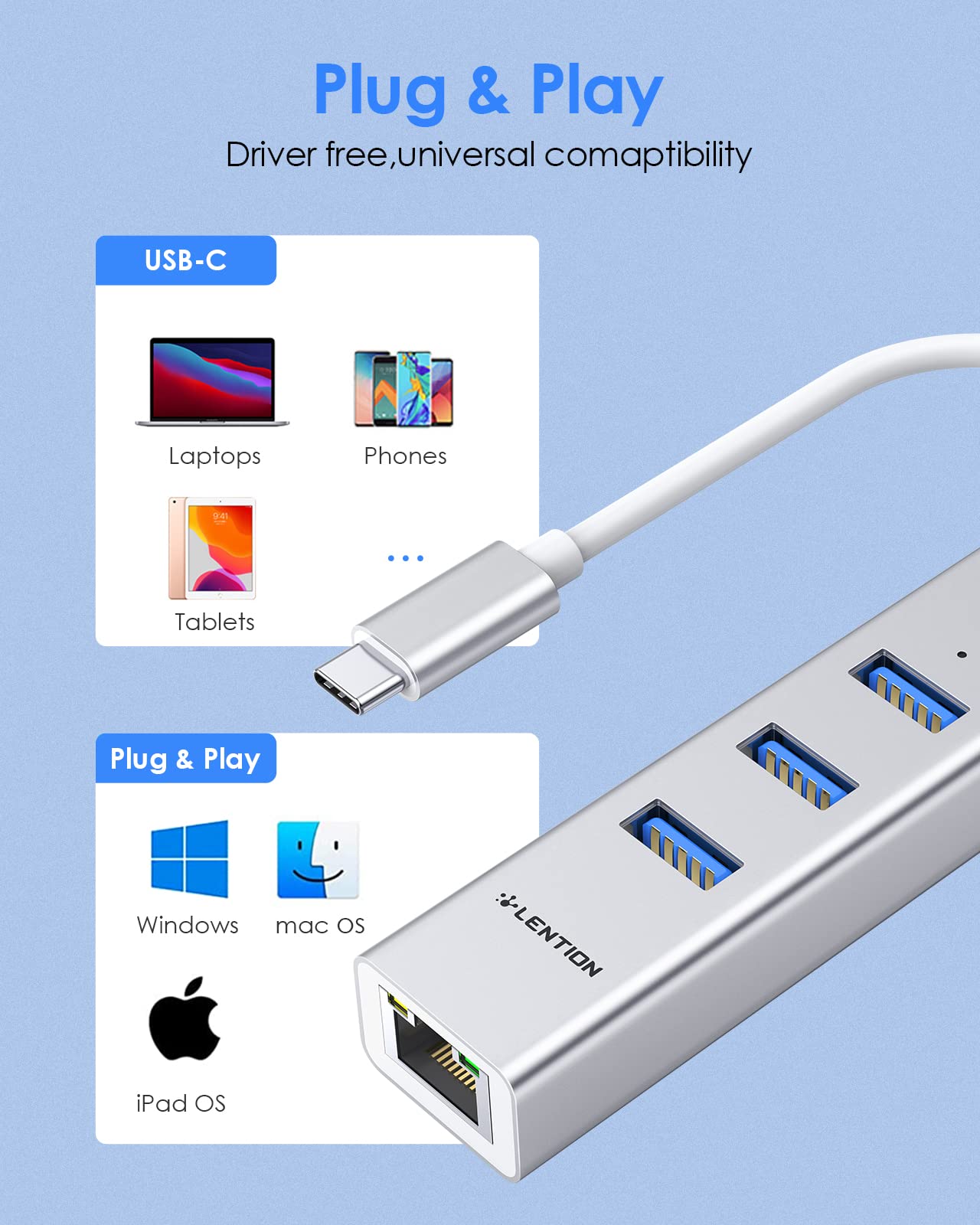 LENTION USB C Hub Ethernet Adapter, 3 USB 3.0 Ports, RJ45 Network Connector for 2023-2016 MacBook Pro, New Mac Air/iPad Pro, Chromebook, More, Stable Driver Certified (CB-C23s, Silver)