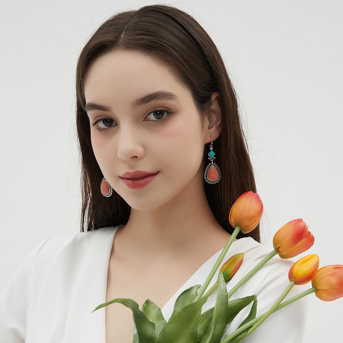 Colloca Orange Spiny Oyster Earrings for Women, Turquoise Orange Teardrop Earrings, Western Bohemian Drop Dangle Earrings, Jewelry Gift box Included