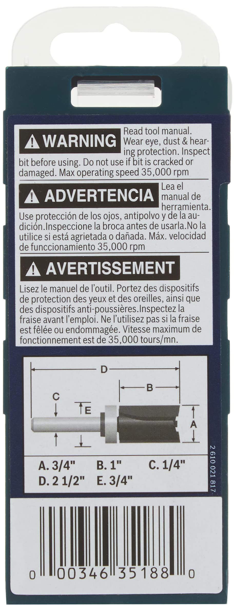 Bosch 85682MC 3/4 In. x 1 In. Carbide-Tipped Double-Flute Top-Bearing Straight Trim Router Bit