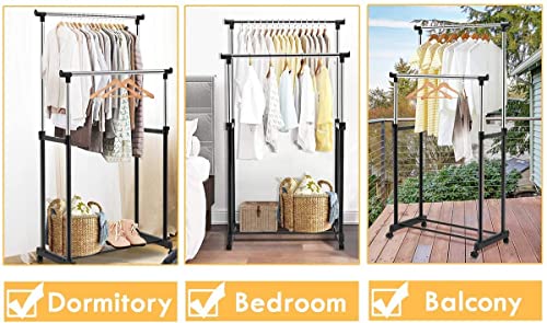Double Pole Portable Clothing Hanging Garment Rack Laundry Drying Hanger with Wheels (Double Pole) Pole Telescopic Clothes | Fordable Single and Stand for Indoor Outdoor.