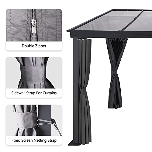 GARTOO 10' x 13' Outdoor Wall-Mounted Hardtop Gazebo, Aluminum Frame Pergola Sunroom with Sloping Polycarbonate Roof & Double Curtains for Garden, Lawn, Party, Deck