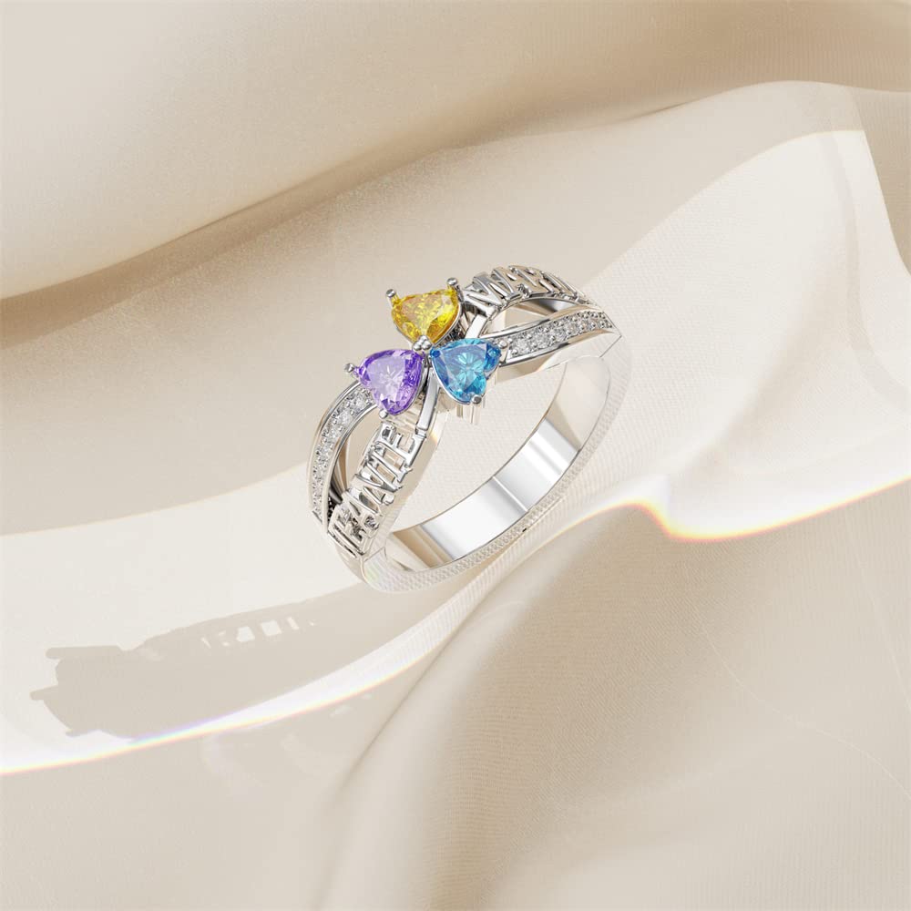 Custom Name Ring Creative 3D 925 Sterling Silver Birthstone Rings for Women Mother Dainty Bride Engagement Ring Personalized Promise Rings for Her (3 NAMES)