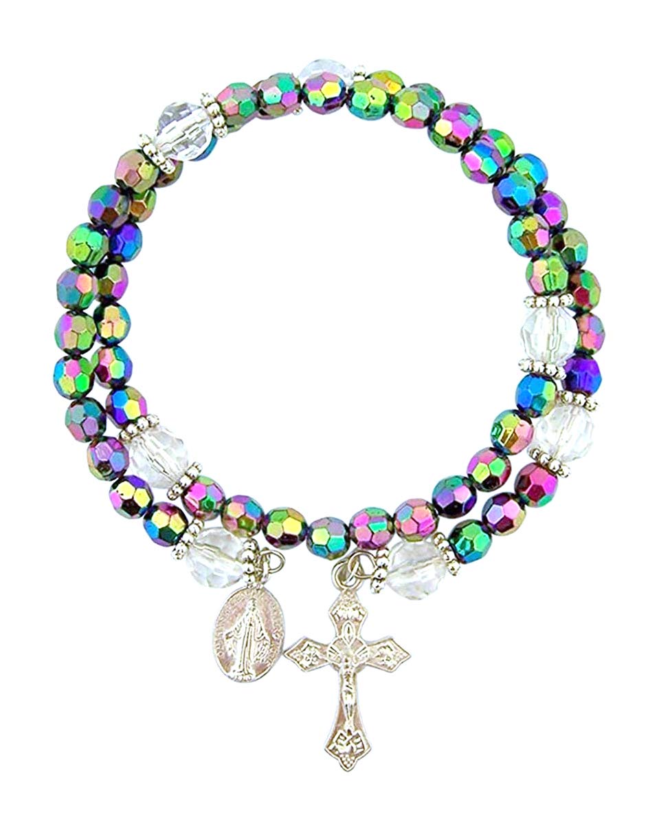 CB Catholic Purple Wrap Style Rosary Bracelet with Dangle Crucifix & Miraculous Medal, Beaded, 8"