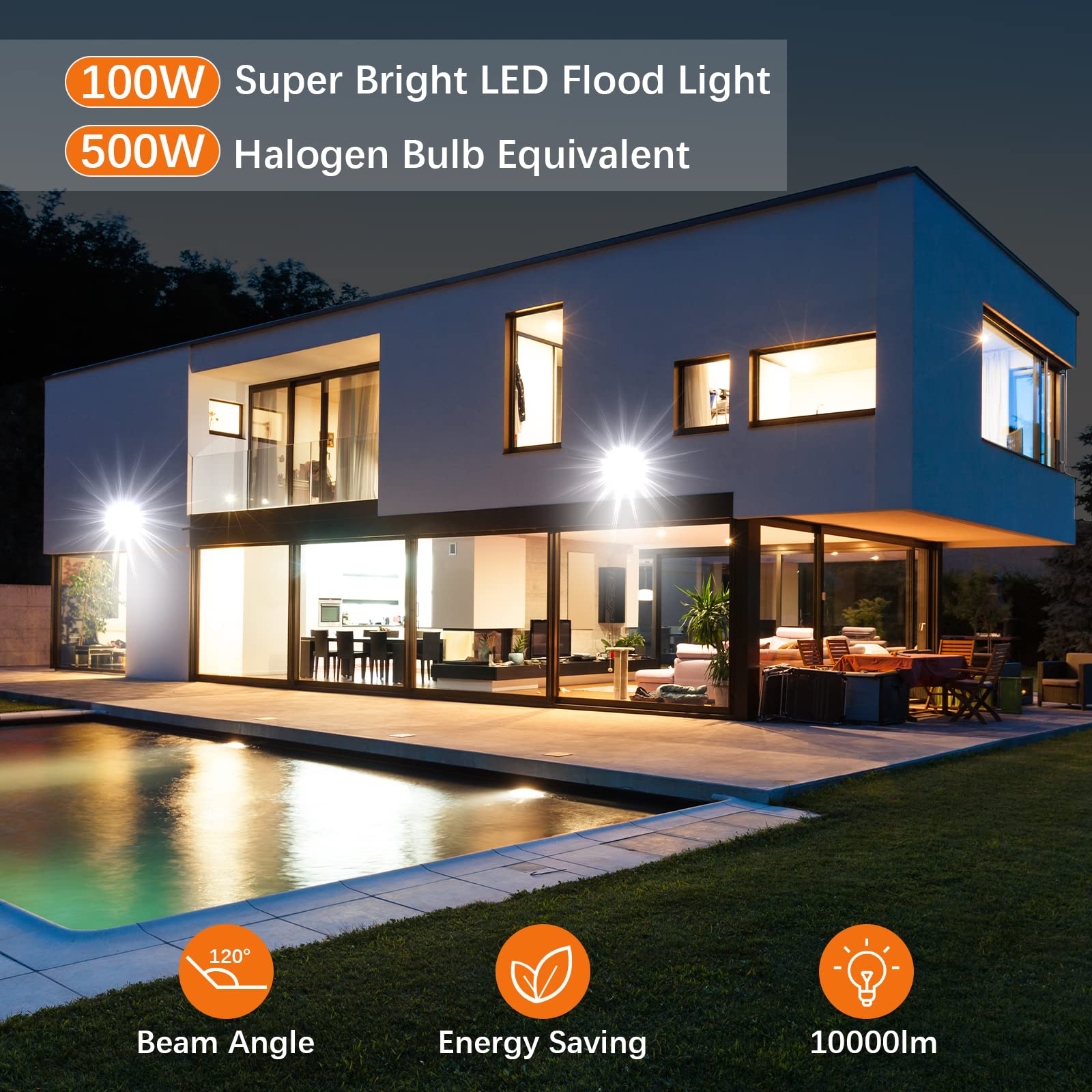 LEPOWER 100W LED Flood Light, 10000lm Work Light with Plug, Equiv 500W Halogen, 6000K White Light, IP66 Waterproof Outdoor Floodlight for Garage, Garden, Lawn, Basketball Court, Playground 2 Pack