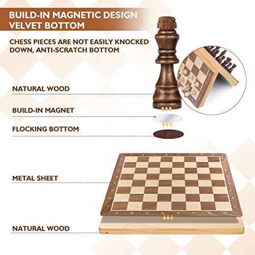 Peradix 15" Wooden Chess and Checkers Set, Magnetic Chess Sets - 2 Extra Queens, 2 in 1 Board Games with Folding Board and Chessmen Storage Slots, Beginner Chess Set for Adults Kids, Gift Box Packed