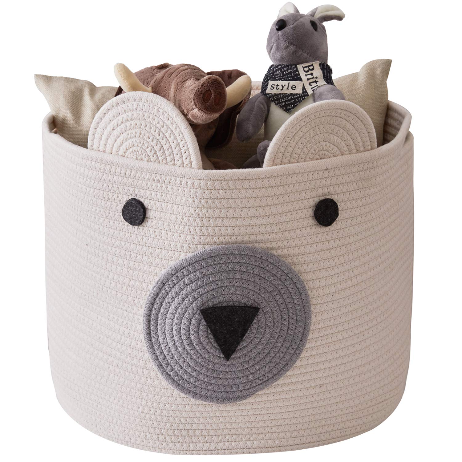 COMEMORY Cotton Rope Storage Basket with Cute Bear Design Foldable Woven Laundry Basket with Large Capacity Decorative Basket Organizer for Toys, Blanket, Towels, Clothes, 16"(D) x 14"(H)