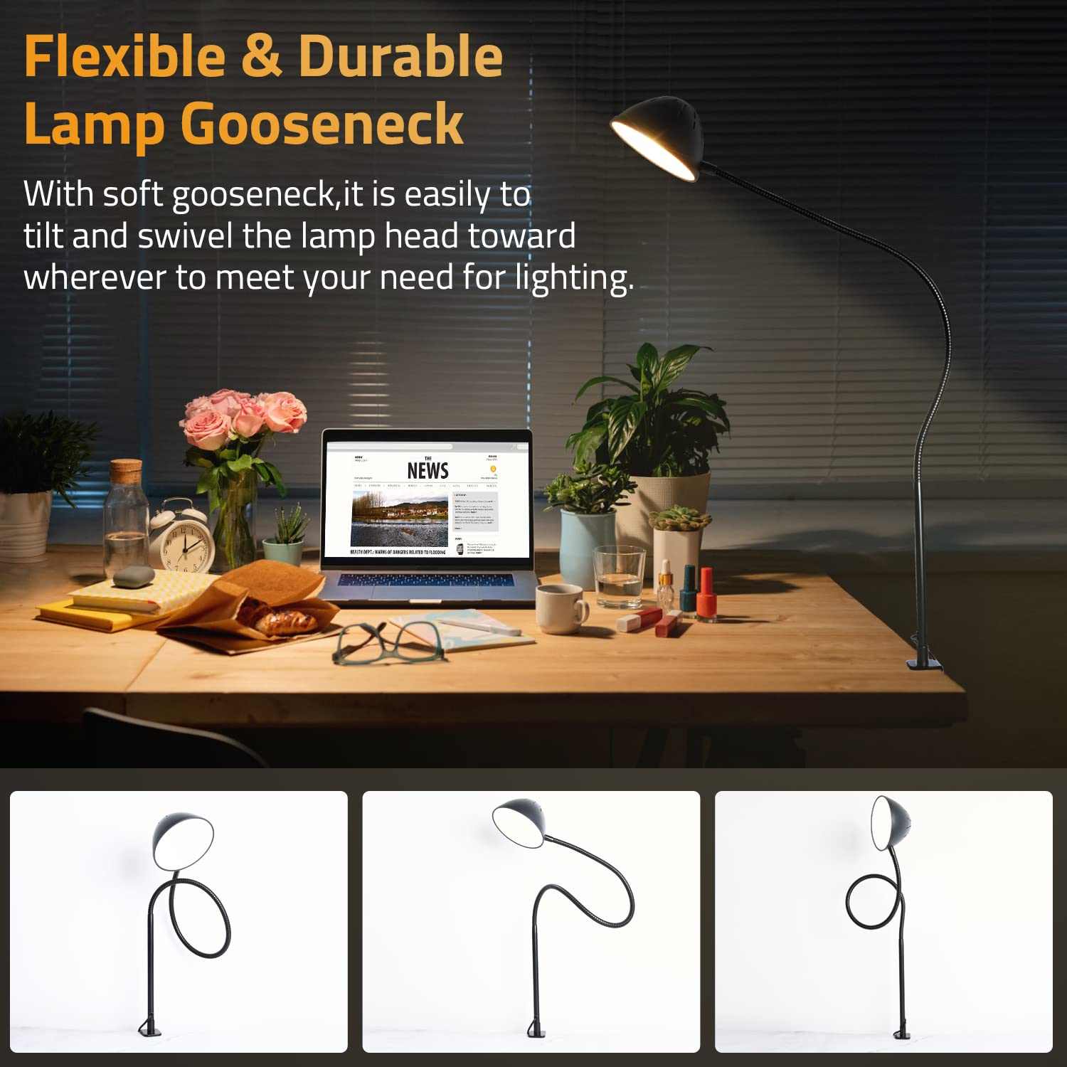 CeSunlight Clamp Lamp, Clip on Lamp, Desk Lamp with Clamp, 12W, 1300 LMS, 3 Color Modes, 10 Brightness Levels, 30 Inches Long Gooseneck Light, Perfect for Sewing, Reading, Home, Office