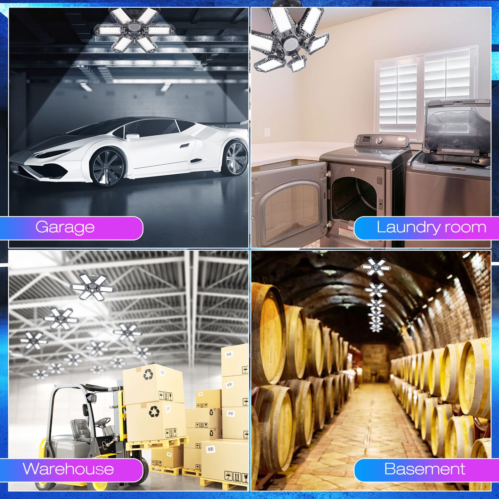 Retisee 6 Pcs LED Garage Lights 120w Deformable LED Garage Ceiling Lights with Adjustable Panels E26/E27 LED Garage Lights Bulb 12000lm Shop Lights for Garage Workshop Basement High Bay Light