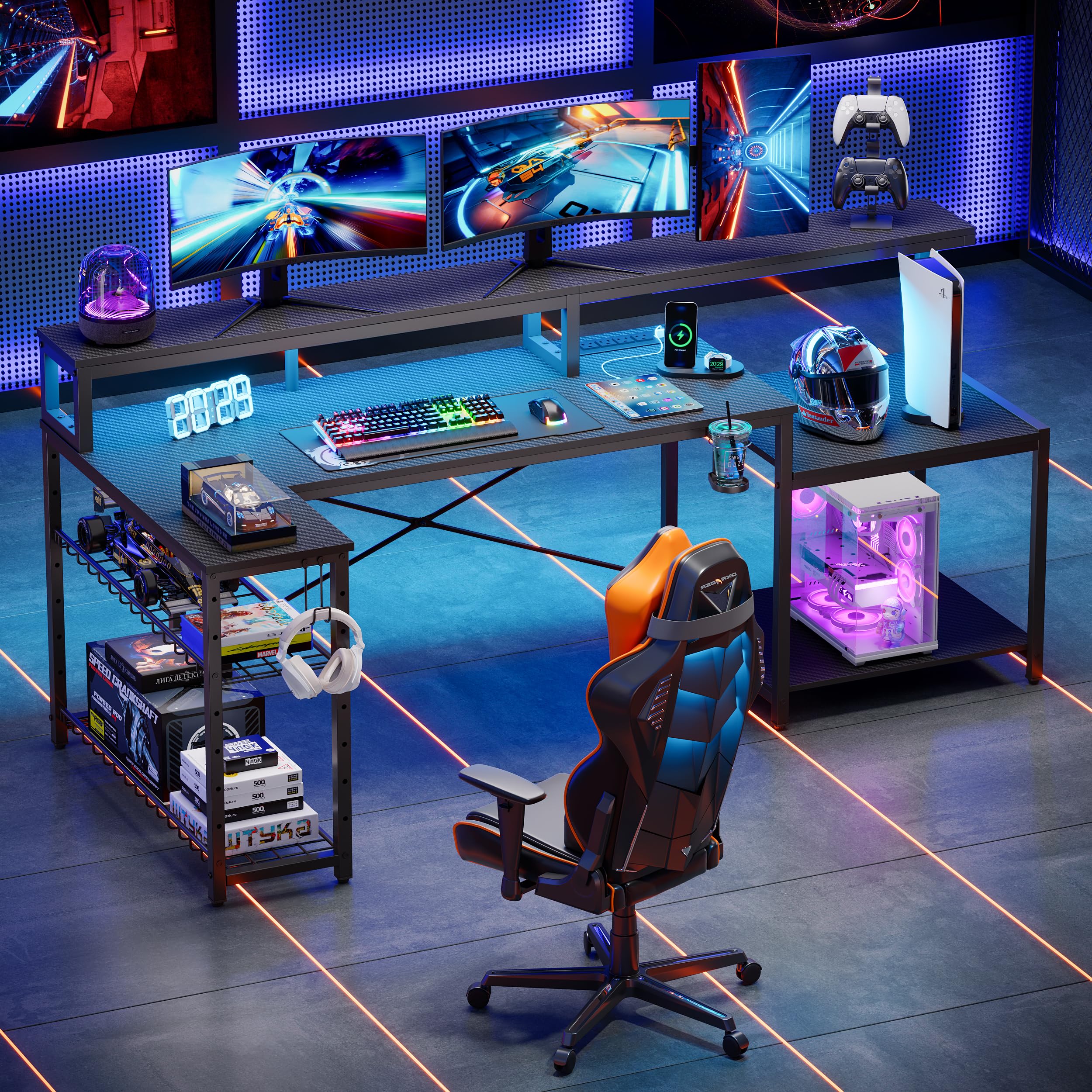 Bestier Gaming Desk with Power Outlets, 71.5 LED Computer Desk with Long Monitor Stand, Large L Shaped Corner Desk with Storage Shelf, Cup Holder Headset Hooks, Cool Desk for Gaming Room, Black