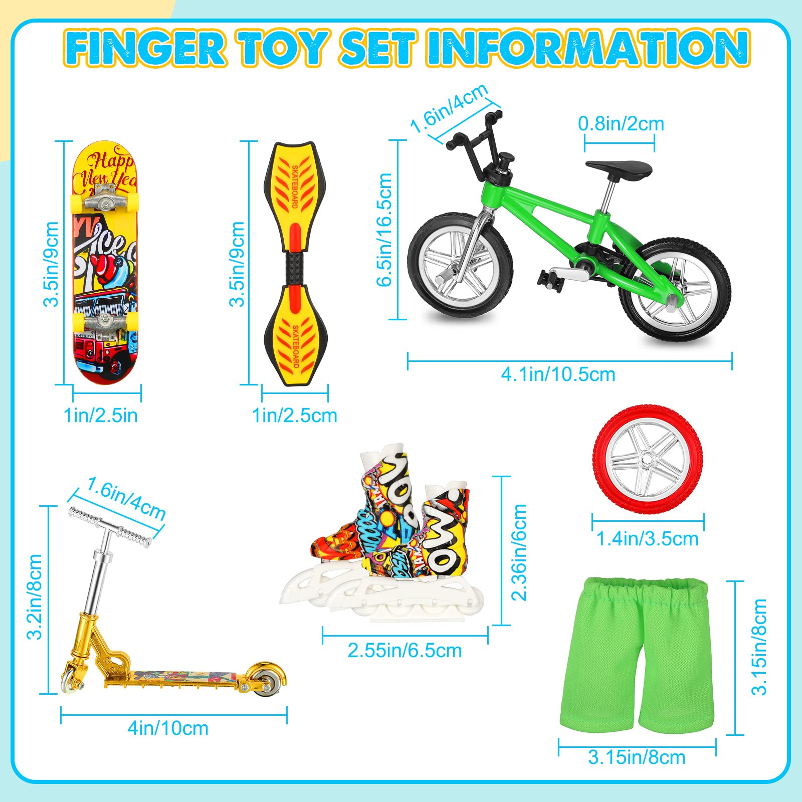 Cindeer 33 Pieces Mini Finger Toys Set Finger Skateboards Bikes Tiny Swing Board Scooters Finger Roller Skating Finger Pants and Matched Wheels Tools Accessories Educational Toys for Party Favors