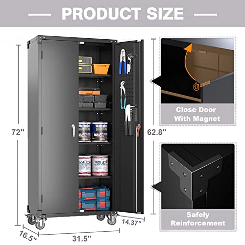 GangMei Rolling Metal Storage Cabinet with Pegboard, 72''H Tall Garage Cabinet with Wheels & 4 Adjustable Shelves, Garage, Home, Assemble Required, Black
