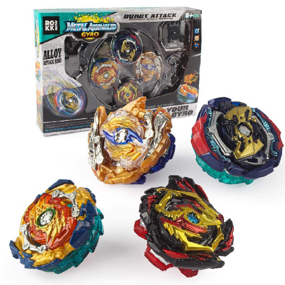 ROKK NOW Metal Fury | Bey Battle Burst Gyro Attack Metal Spinning Tops with Starter Battle Arena, Launchers & Includes 4 Battling Metal Gyro Blades for Adults & Children, Boys & Girls (26A)