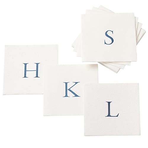 Caspari White Pearl & Blue Paper Linen Boxed Cocktail Napkins in Letter U - Pack of 30 (Model: 2900CG.UNI)