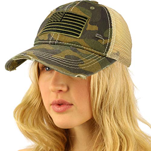 CC Everyday Distressed Trucker Mesh Summer Vented Baseball Sun Cap Hat (American Flag Camo Olive)