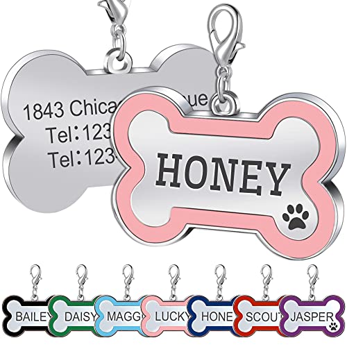 JATEBI Pet ID Tags,Personalized Dog Tags and Cat Tags,Engraved Both Sides Bone Shape Collar Pendant Custom Pet Supplies Engrave Name Number Gift for Cats Puppies Tags(L Pink)