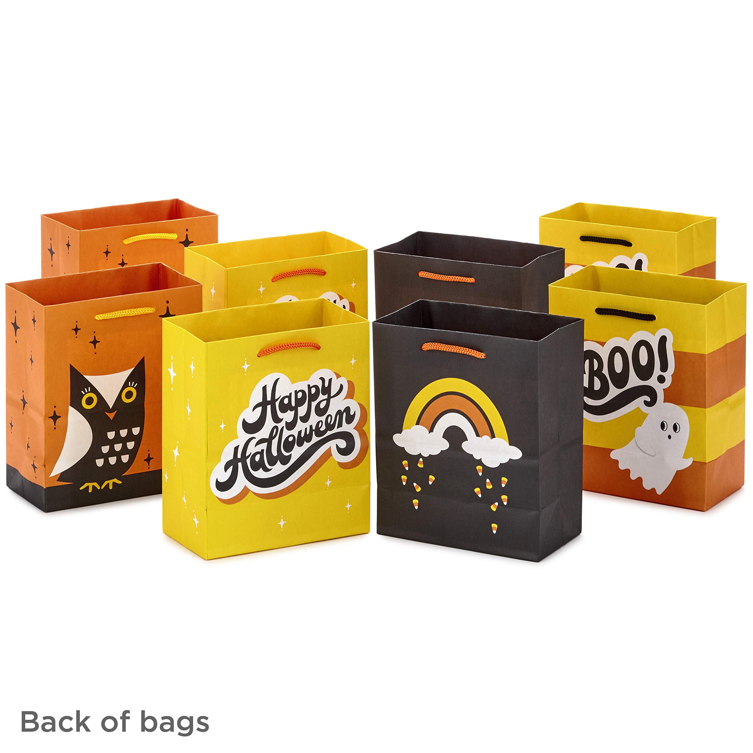 Hallmark Halloween Bag Bundle (8 Small 6" Gift Bags, 4 Designs: Owl, Ghost, Candy Corn Rainbow, "Happy Halloween") for Gift Cards, Classroom Parties, Trick or Treating, Kids Gifts, Fall Party Favors