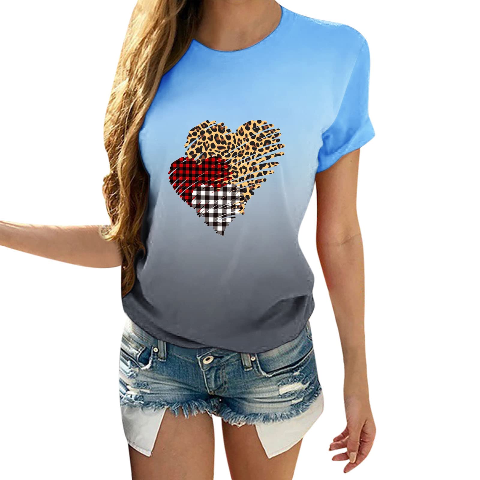 Couples Shirts Womens Blouse Valentine's Day Short Sleeve Love Print Gradient Tie-Dye T Cotton Long Sleeve Tee Women Blue