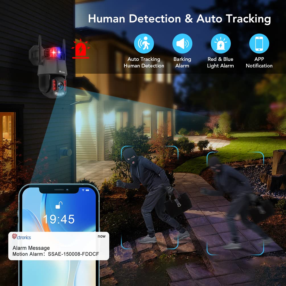 Ctronics 5MP 30X Optical Zoom Security Camera Outdoor, PTZ WiFi IP Camera with Red & Blue Warning Lights, Auto Cruise & Zoom, Human Detection Auto Tracking 492ft Night Vision 2-Way Audio IP66 (Black)