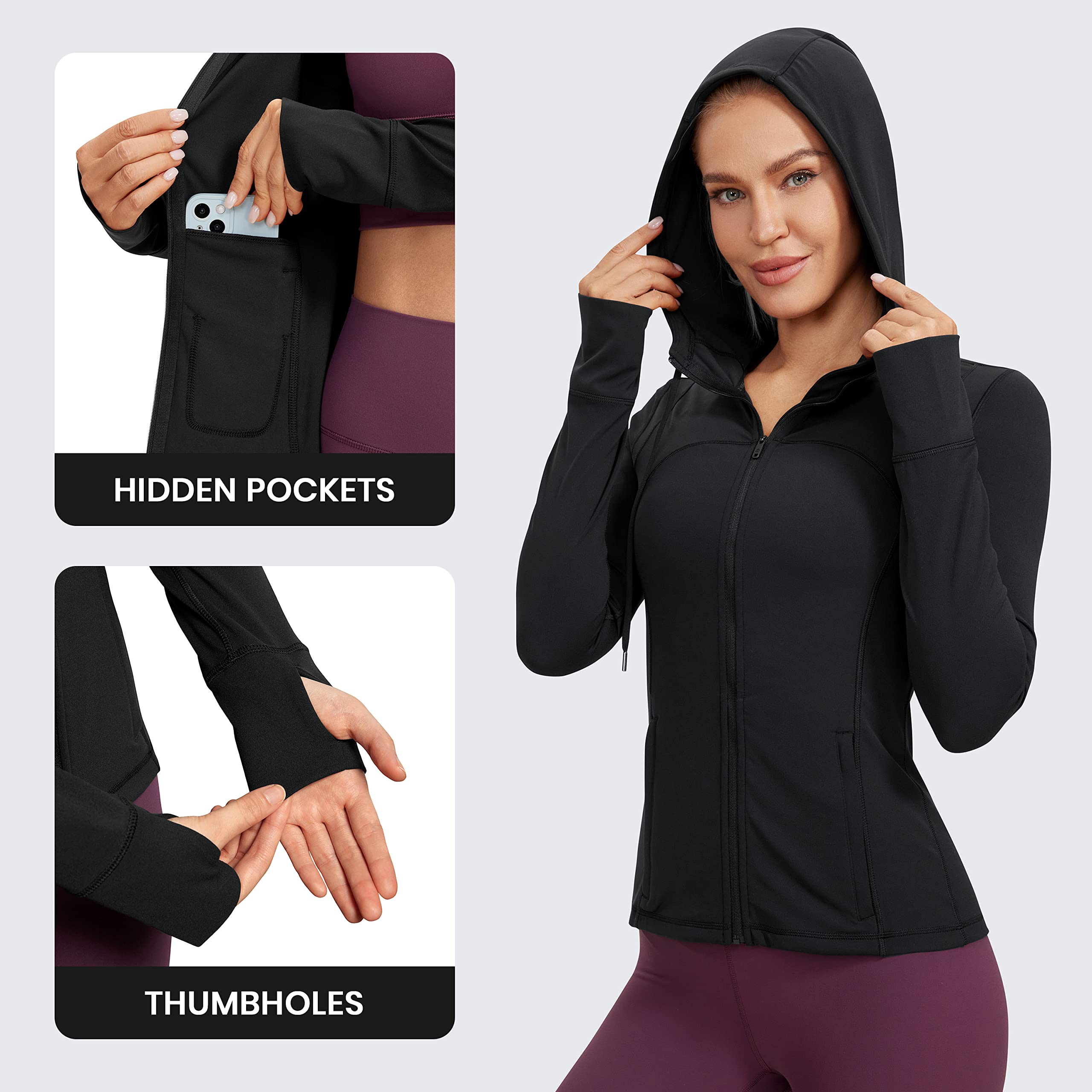 CRZ YOGA Butterluxe Womens Hooded Workout Jacket - Zip Up Athletic Running Jacket with Back Mesh Vent & Thumb Holes Taupe Large