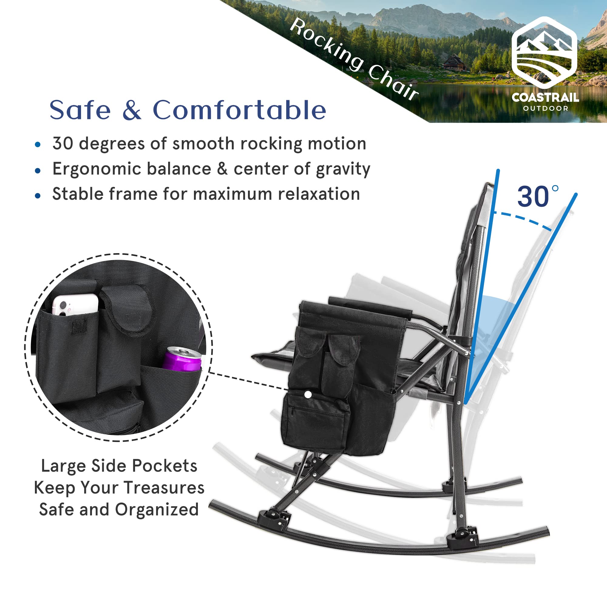 Coastrail Outdoor Folding Rocking Camping Chair High Back Padded Lawn Chair with Foldable Cup Holder, Side Storage, Back Pocket for Camping Hiking Heavy Duty 350lbs Weight Capacity, Black, Large