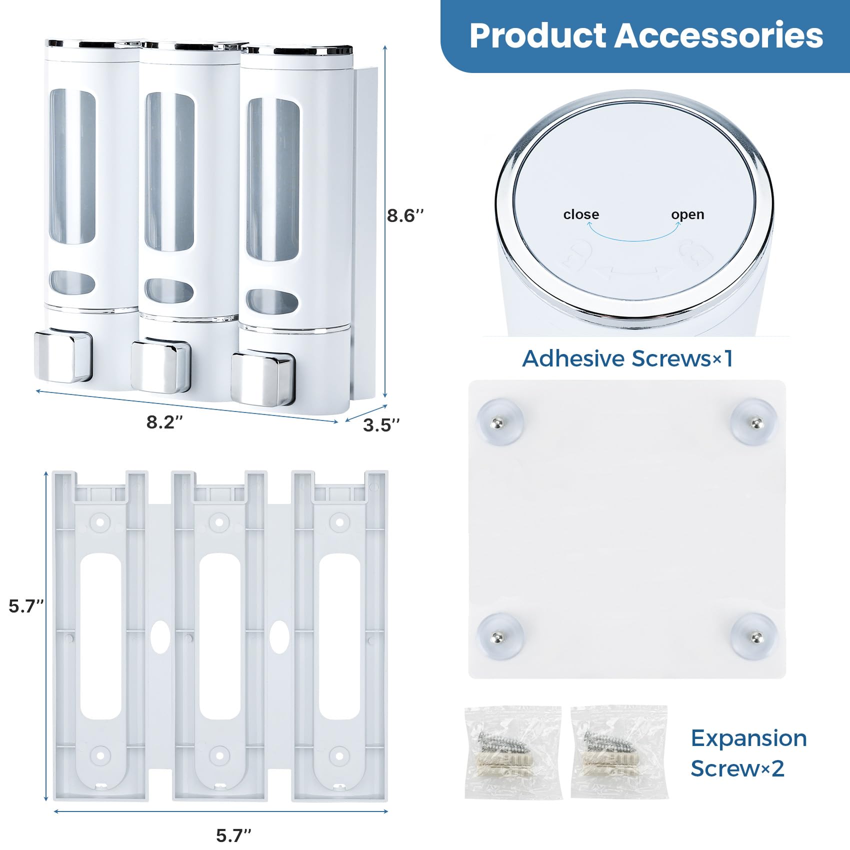 Nellyke Shampoo Dispensers for Shower Wall Mounted Soap Dispenser 3 Chambers Conditioner Body Wash Dispenser Set Clear with Glue(or Wall Mounted by Screws),3 Chambers,White