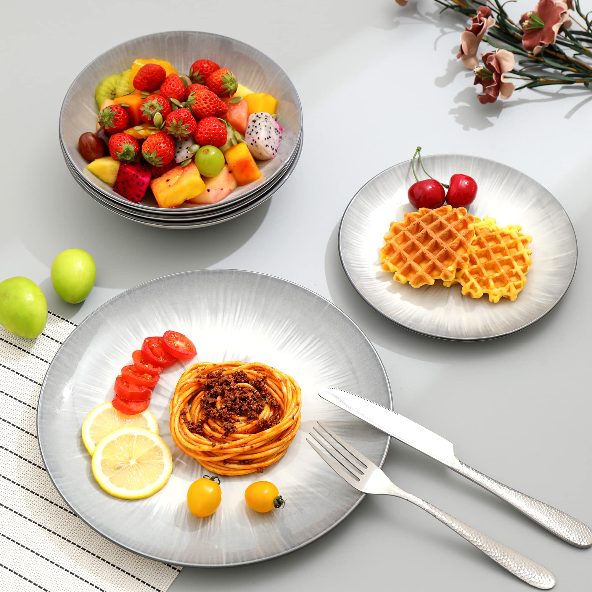 Bestone 12 Piece Round Kitchen Dinnerware Set,Plates and Bowls sets,Dishes, Plates, Bowls, Dish Set,Plates and Bowls,Service for 4, Chip Resistant Porcelain (gray)