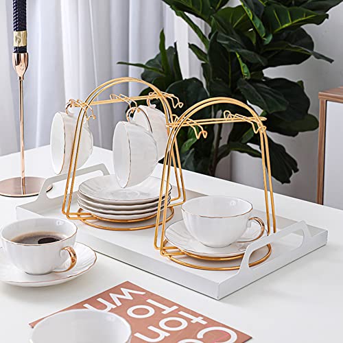 oAutoSjy Coffee Cup Holder, Coffee Mug Holder Stand, Wrought Iron Coffee Cup Rack 4 Hooks, Desktop Gold Water Cup Saucer Drain Hanger Rack, Household Kitchen Storage Drying Rack for Counter Cabinet