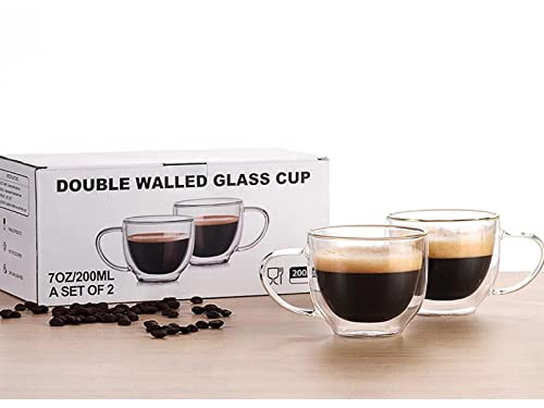 Douria Double Walled Glass Coffee Mugs, Clear Espresso Cups, Coffee tea Mugs Set, Iced Coffee Cup, Glass Mugs for Hot Beverages, Premium Glasses Set, Each 200ml (7Ounces./Set of 2)