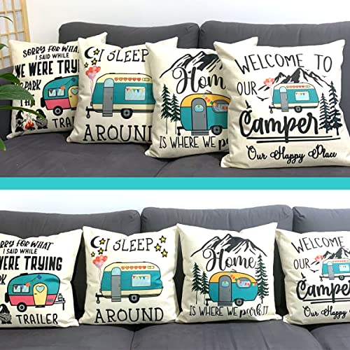 OCCdesign Set of 4 Camper Decor Rv Travel Trailer Decoration for Inside Camping Pillow Cover for Bedding Sofa Couch (Welcome to Our Camper)