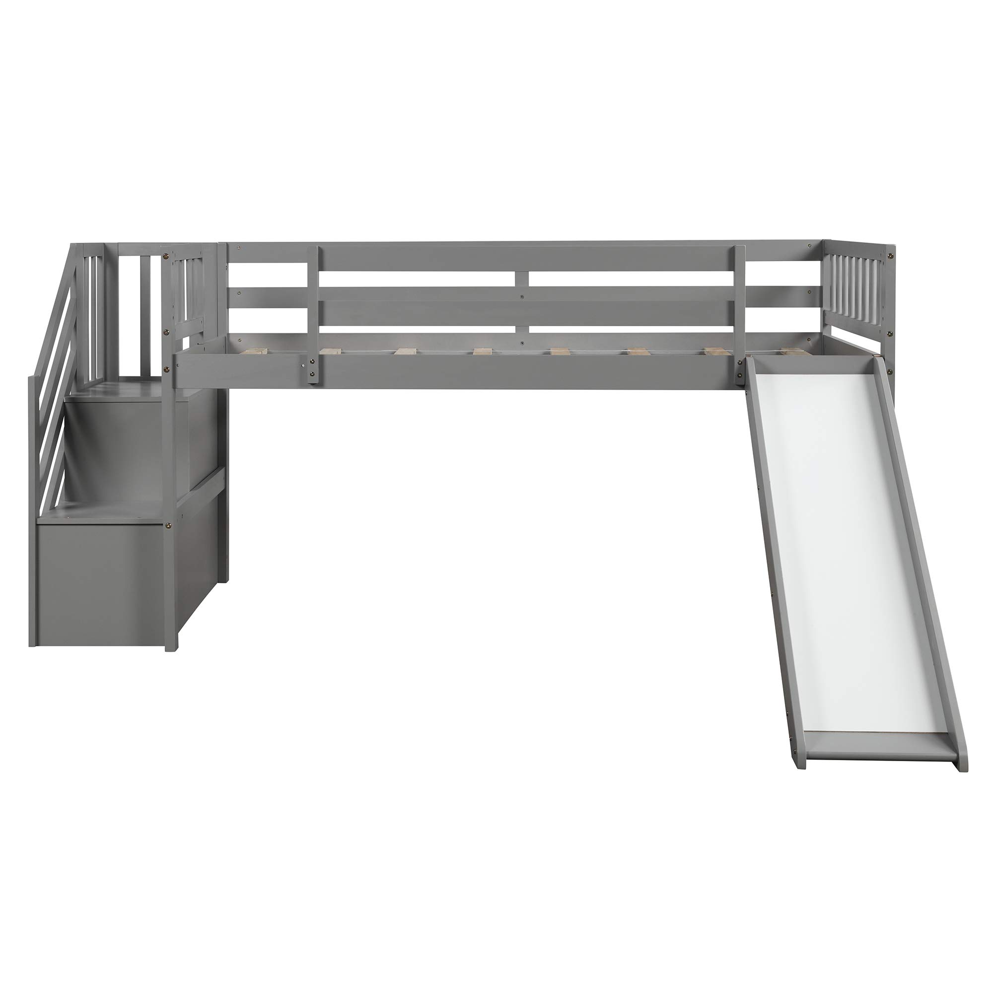 Low Loft Bed with Stairs for Kids and Toddlers Wood Loft Bed Frame with Slide Twin Loft Beds with Stairway Storage for Boys Girls, Gray