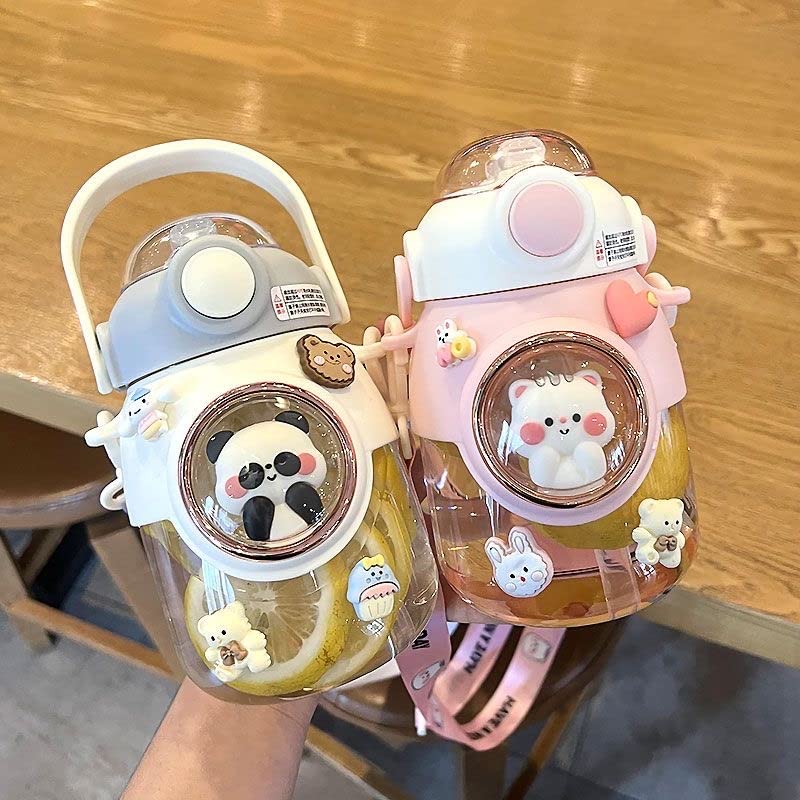 LEJN Kawaii Water Bottle with Adjustable Shoulder Strap Portable Leakproof BPA-free Cartoon Children Cup Capsule Bottle Traveling Hiking (Pink820ml)