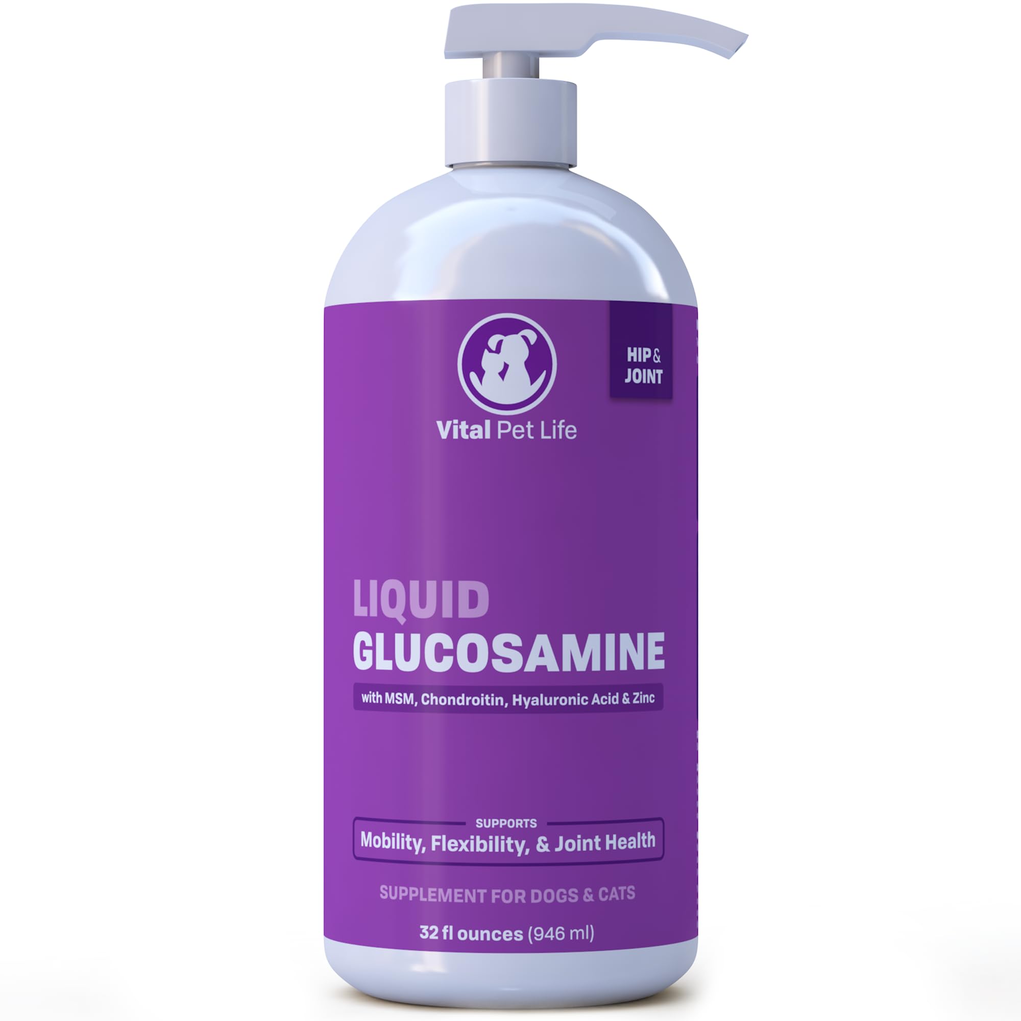 Liquid Glucosamine for Dogs Cats & Horses with Chondroitin, MSM, and Hyaluronic Acid, Hip & Joint Supplement for Mobility & Comfort, Supports Joint Health & Flexibility, Mobility, & Protection, 32 oz