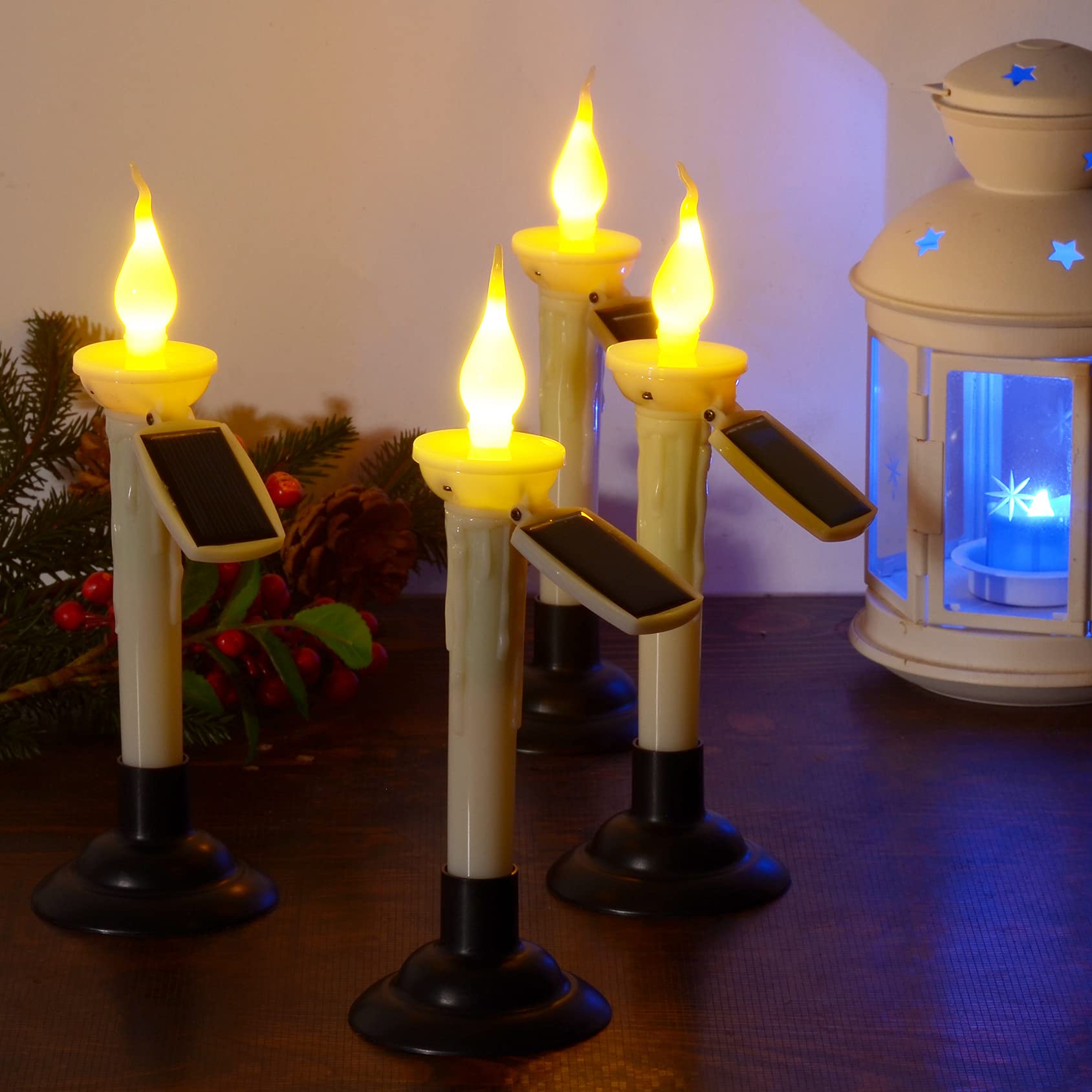 Solar Window Candles with Candlesticks Holders, PChero 6 Packs Waterproof Rechargeable LED Taper Candles with Dusk to Dawn Light Sensor for Outdoor Garden Patio Table Windowsill Decor
