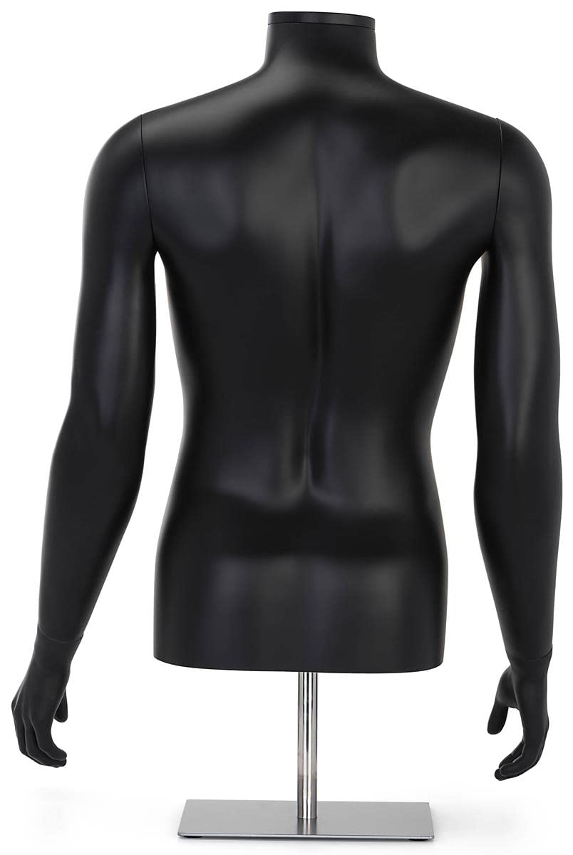 Displays2go Headless Male Torso Mannequin with Metal Base, Removable Arms - Matte Black (SMMMATBA)