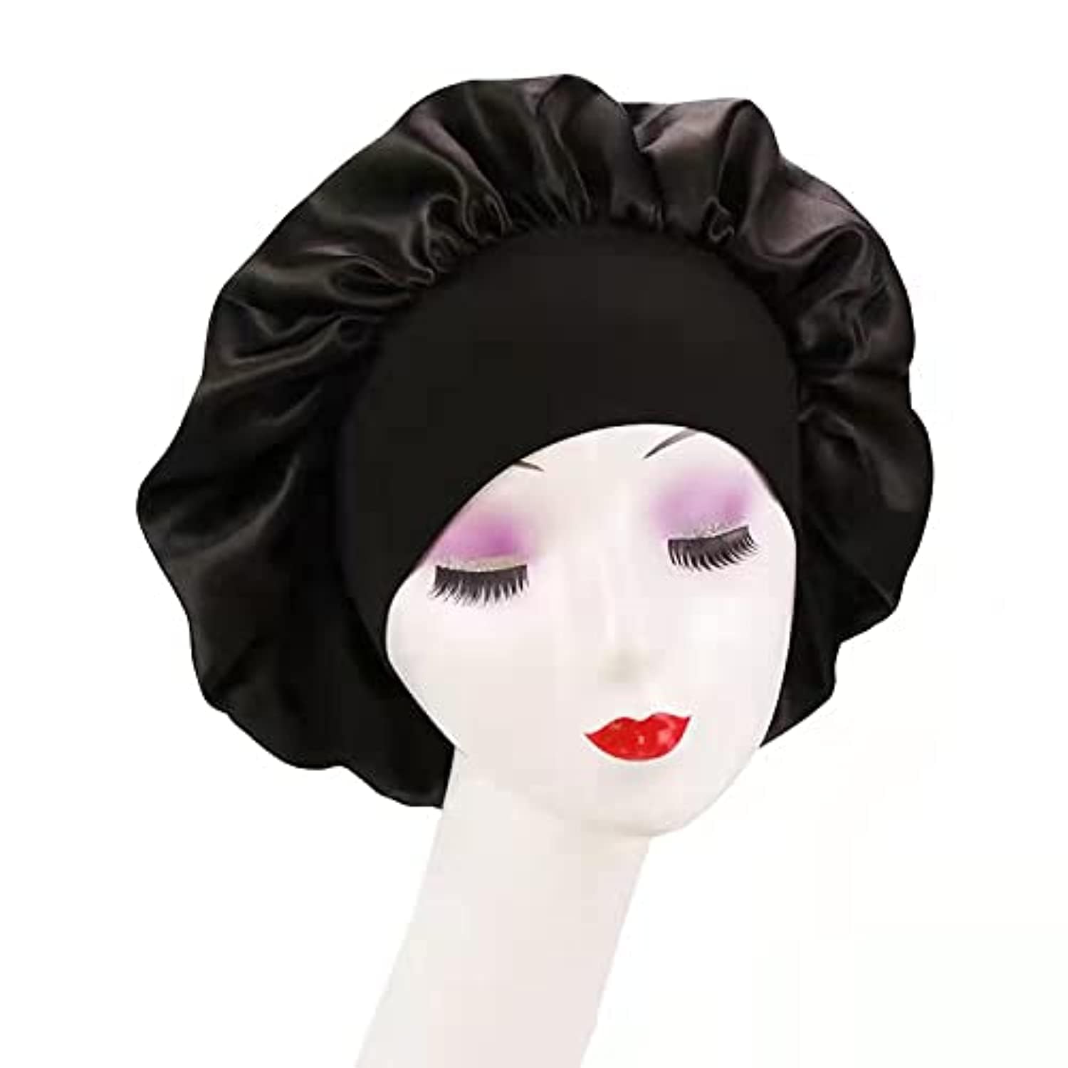 LFRNZS Satin Bonnet, Sleep Cap for Women Hair Care,Sleeping Hair Bonnet, Soft Wide Elastic Band Silk Bonnet, Night Bonnet (Black)