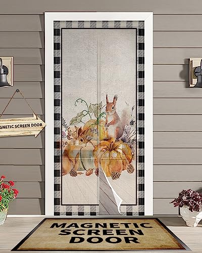 OComster Thanksgiving Magnetic Screen Door, Pumpkin Squirrel Pinecone Leaves Fall Watercolor Hands Free Screen Mesh Size 38'' x 83'', Reinforce Heavy Duty Mesh Screen Doors for Patio/Front Door