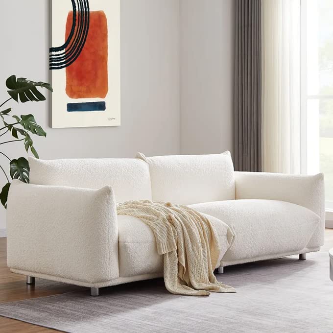 JSCHZ Comfy Couch Loveseat Sofa, Sherpa Teddy Oversized Loveseat Sofa Overstuffed Cloud Couch Extra Deep-Seat-Filled Couch for Small Spaces, Living Room, Apartment, (White)