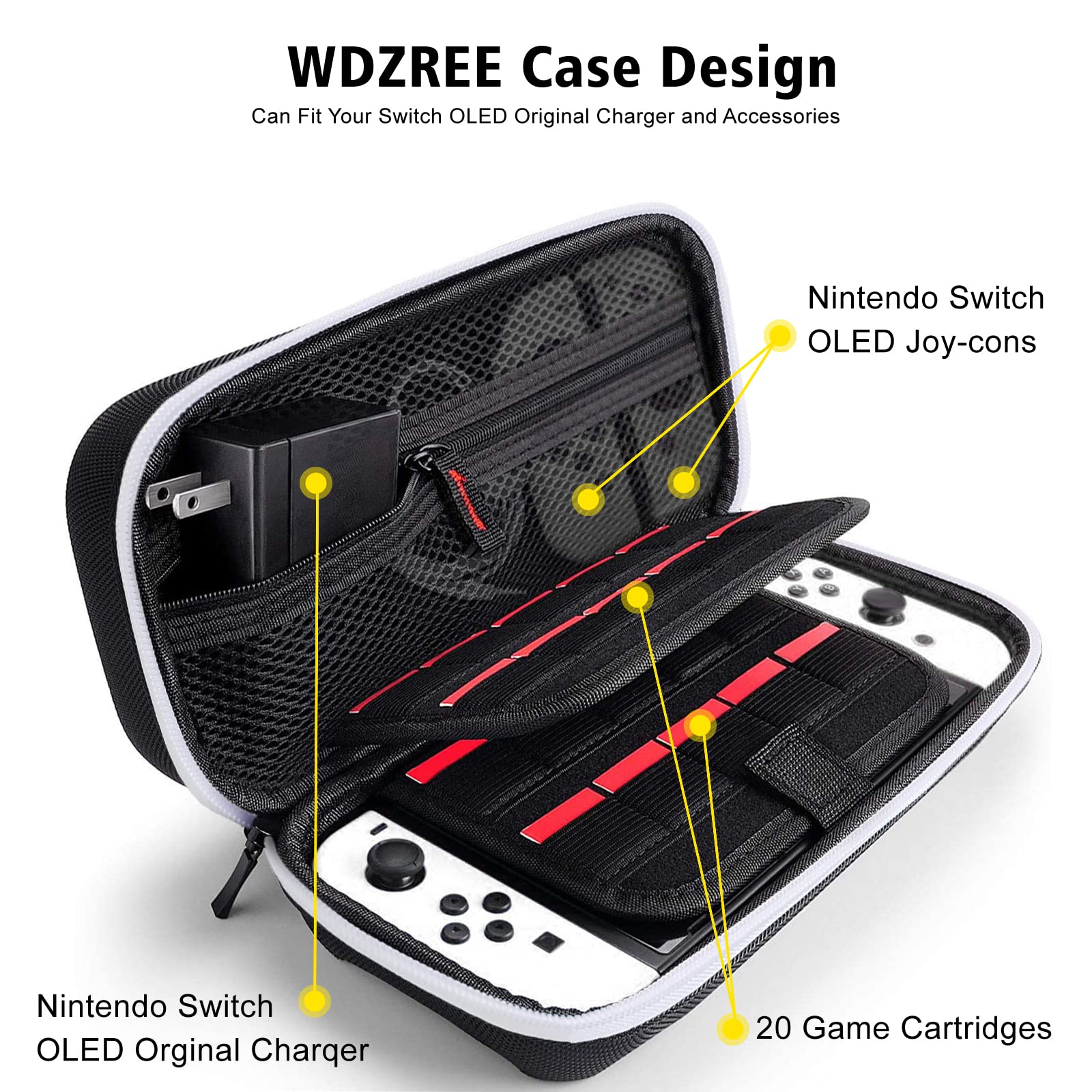 Carrying Case for Nintendo Switch OLED Model 9 in 1 Switch OLED PET Protective Case ,2Pcs Glass Screen Protector, Travel Case,USB Cable,4Pcs Thumb Grips Caps- [Ideal Gift All in One Bundle] Black
