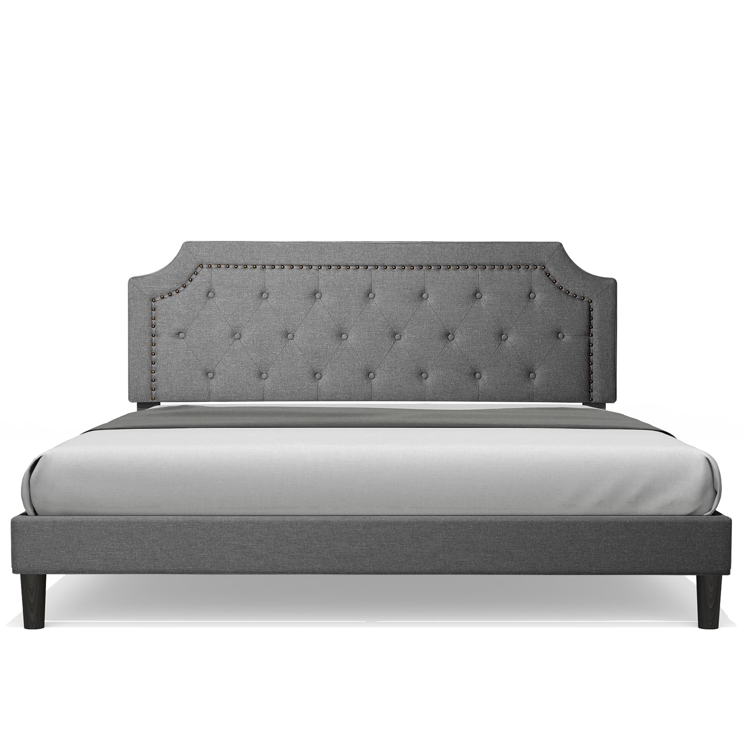 BONSOIR Full Size Bed Frame Upholstered Low Profile Traditional Platform with Tufted and Nail Headboard Linen Fabric Upholstery/Color of Sand (Sand, Full Size)