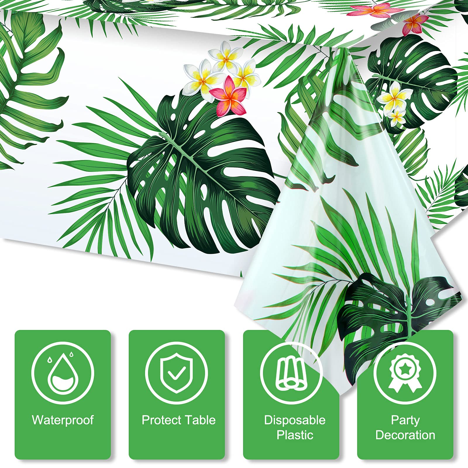 Luau Party Plastic Tablecloths Hawaiian Luau Table Cover Palm Leaves Table Cloth Birthday Bridal Shower Birthday Party Summer Pool Tropical Party Decorations, 54 x 108 Inches(3 Pieces)