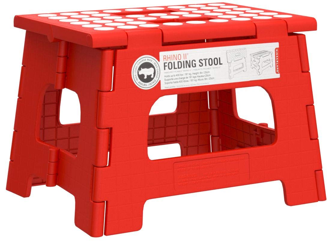 Kikkerland Rhino Foldable Step Stool – Holds Adults up to 300 Lbs, Best for Kitchen & Bathroom – Collapsible, Portable, Lightweight Stepping Stool with Sturdy, Non-Slip Design – Red, 8”