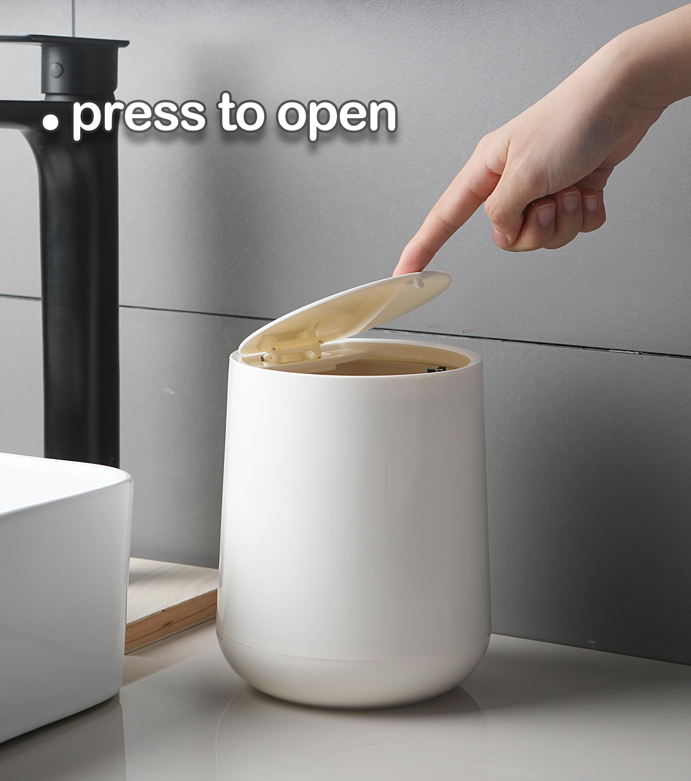 COMODID Small Trash Can with Lid for Countertop, Mini Trash Can for Desk, Small Garbage Can with Press-Top, Desktop Trash Bin, Tabletop Waste Basket for Kitchen, Bedroom, Bathroom, 2L/ 0.5GAL (White)