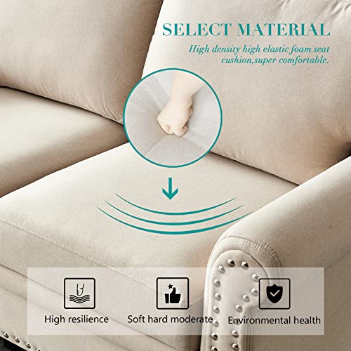 KoiHome Upholstered Sofa with Storage, Sleeper Couch Chaise with Nail Decoration, Modern 3-Seater with Seat Cushion & Wood Leg, Furniture for Living Room,Bedroom,Office,Relax Lounge, Polyester, Beige