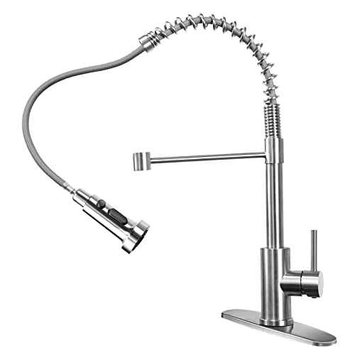 FLOTECH Brushed Nickel Kitchen Faucets with Pull Down Sprayer,Commercial Single Handle Pull Out Stainless Steel Spring Kitchen Sink Faucet with Deck Plate to Cover 1 or 3 holes for Farmhouse Bar Sinks