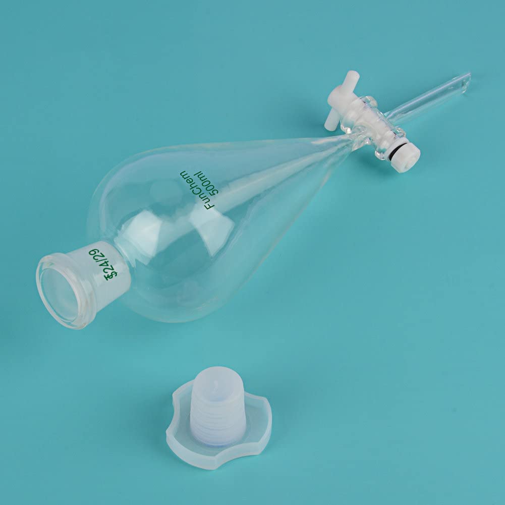 FunChem Conical Separatory Funnel 250 mL with 24/29 Joints and PTFE Stopcock, Borosilicate Glass Separating Funnel Heavy Wall Design