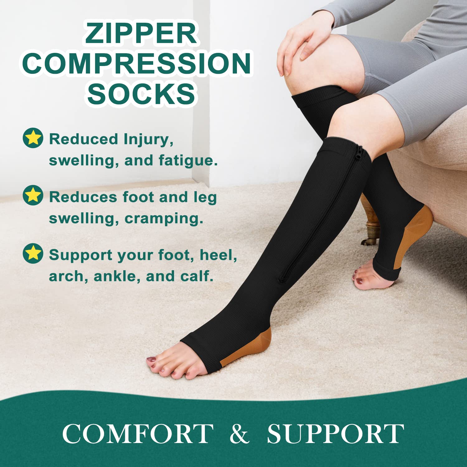 CTHH 2 Pairs Compression Socks 15-20mmgh-Calf Knee High Open Toe Compression Stocking