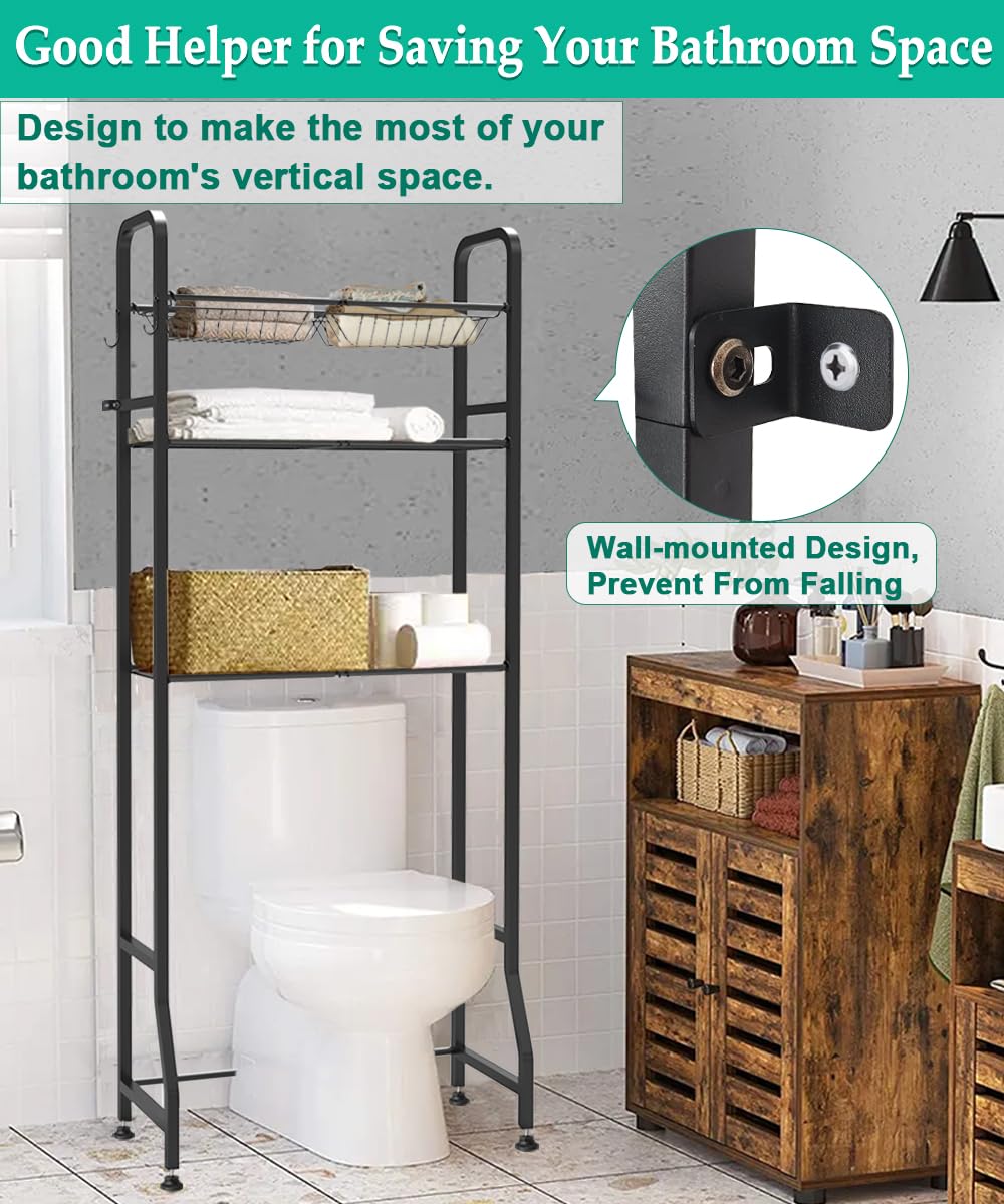 Khordin Over The Toilet Storage Shelf for Bathroom, 3-Tier Above Toilet Rack Bathroom Organizer with Adjustable Shelves and Hanging Hooks, Easy to Assemble & Space Saving, Black
