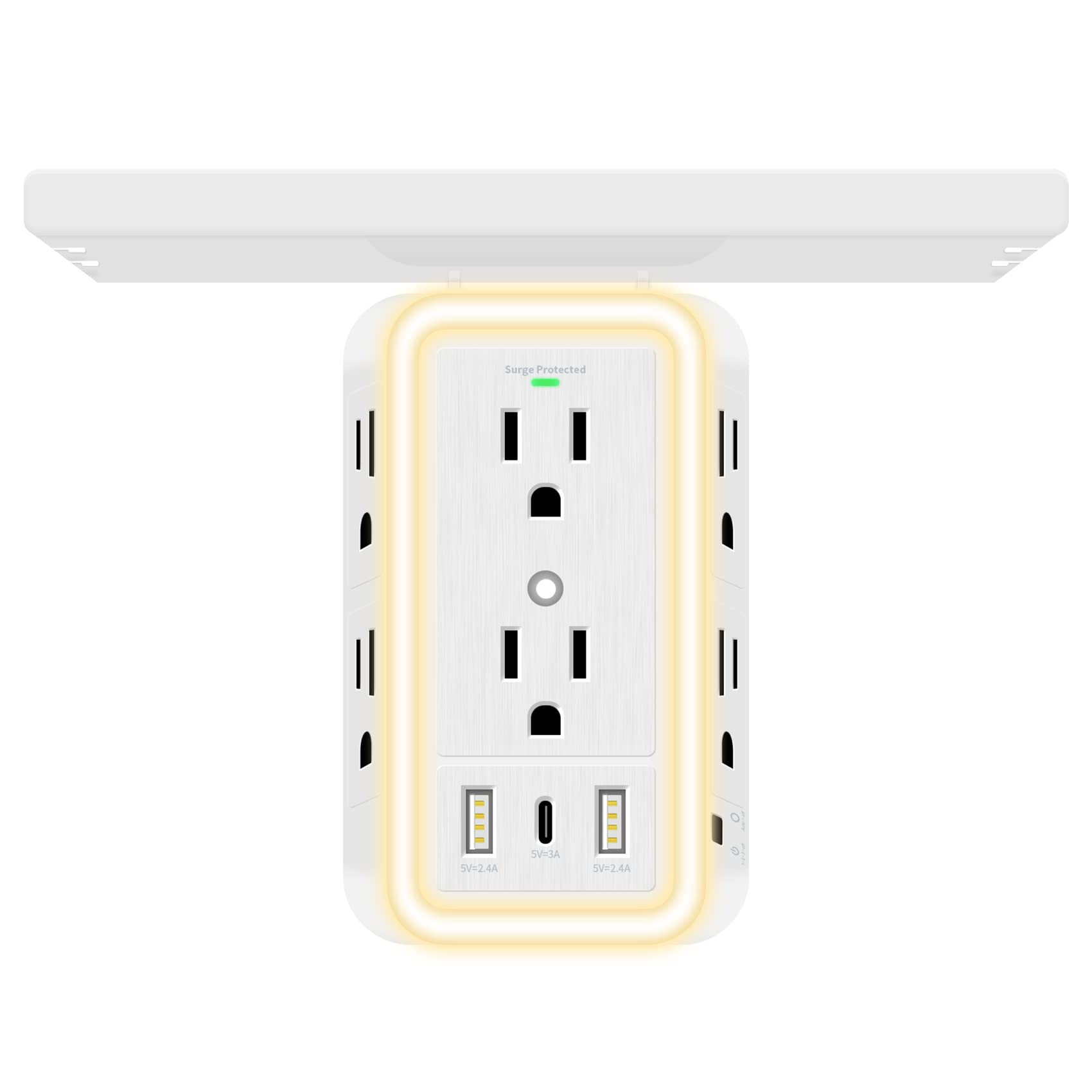 Electrical Outlet Extender Multi Plug 3-Sided Power Strip Socket, (5V 3.4A) Wall Mount Surge Protector Charging Station with LED Night Light(6 Holes, 2 USB Charging Ports, 1 Type-C Port)