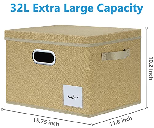 LHZK Large Storage Bins with Lids 6 Pack, Linen Fabric Storage Boxes with Lids, Foldable Storage Baskets with 3 Handles and Label Window for Shelves Bedroom Closet Office (15.75x11.8x10.2,Black,Beige)